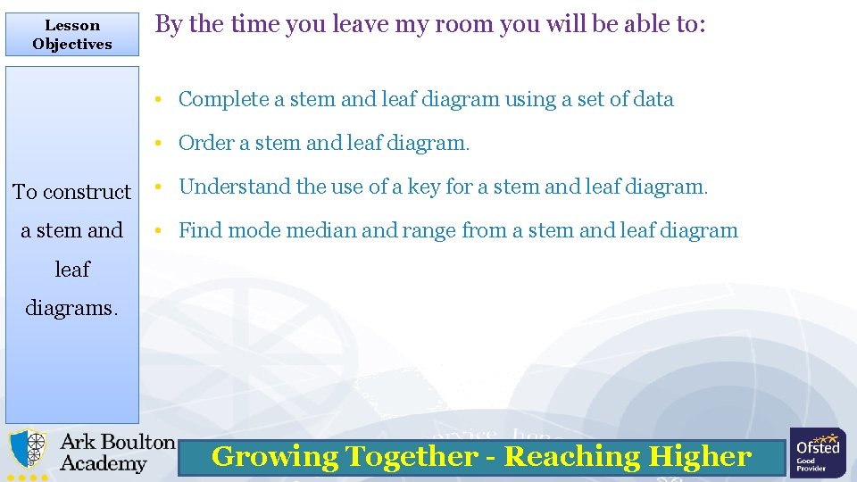 Lesson Objectives Stem and leaf diagrams 01 November