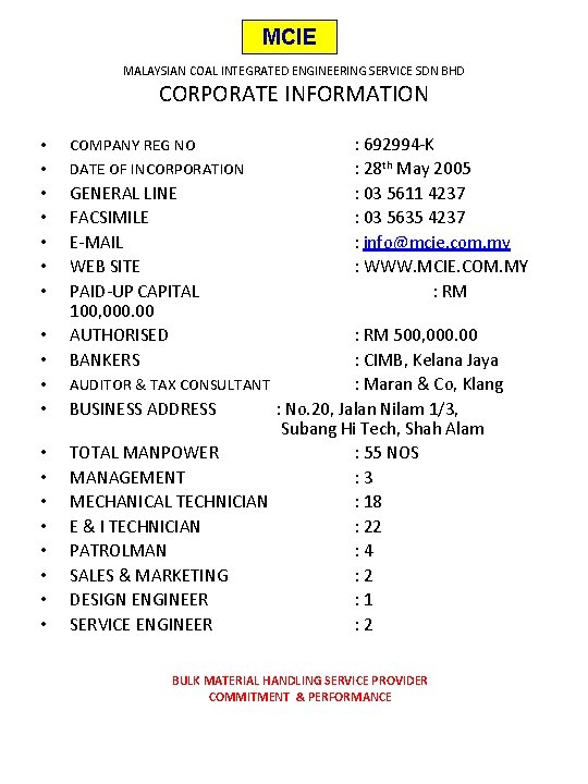 MCIE COMPANY PROFILE MALAYSIAN COAL INTEGRATED ENGINEERING SERVICE