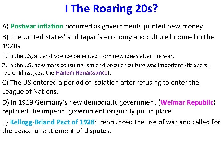 I The Roaring 20 s A Postwar inflation