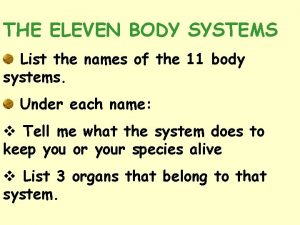 THE ELEVEN BODY SYSTEMS List the names of