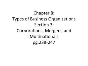 Chapter 8 Business Organizations Types of Organizations Business