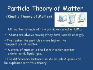 The Particle Theory of Matter The Particle Theory
